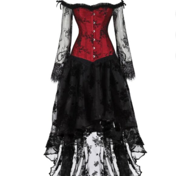 Skirts | Nwt Sexy Vampire Steampunk Dress Red Lace Corset Flocked Sheer ...